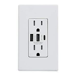 ELEGRP 30W 6.0 Amp 3-Port USB Wall Outlet, 15 Amp Receptacle with USB Type C & Type A Ports, USB Charger for iPhone/iPad/Samsung/LG/HTC/Android Devices, UL Listed, w/Wall Plate, 1 Pack, Matte White