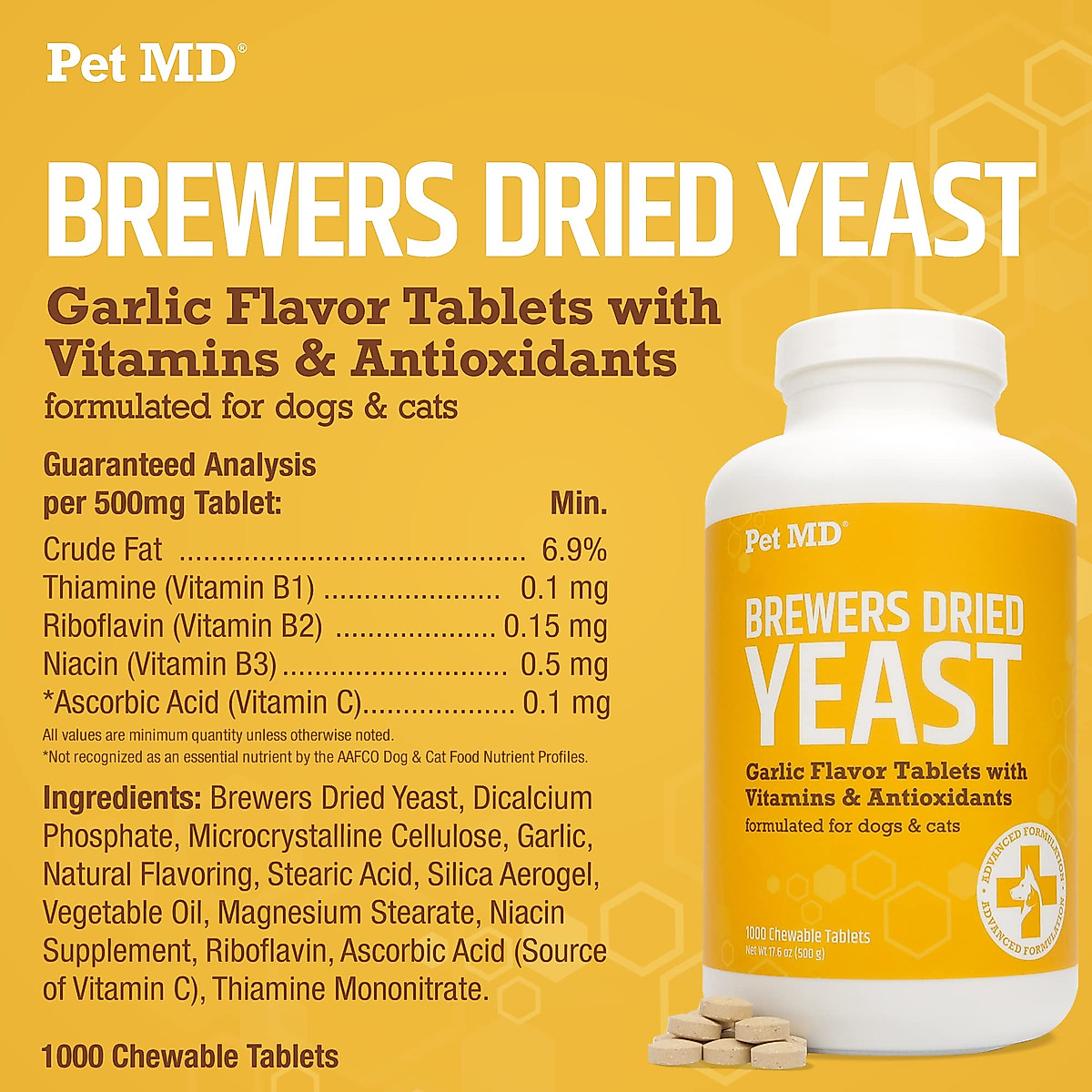 Pet MD Garlic & Brewers Yeast for Dogs & Cats - Garlic and Yeast Plus Antioxidants - Brewer's Yeast Tablets for Dogs & Cats - Vitamin B 1 & Vitamin C - 1000 ct