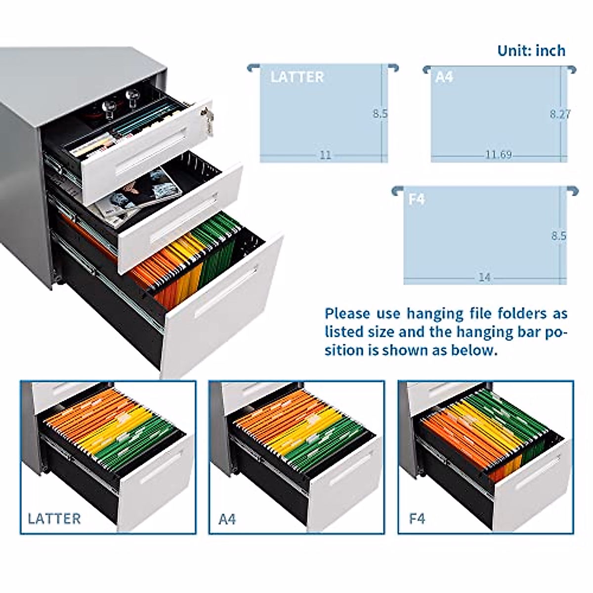 3-Drawer Mobile File Cabinet with Lock, Office Storage Filing Cabinet for Legal/Letter Size, Pre-Assembled Metal File Cabinet Except Wheels Under Desk (White+Gray)