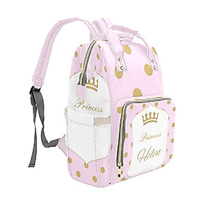 NZOOHY Pink Royal Crown Princess Personalized Name Diaper Bag Tote, Custom Waterproof Nursing Baby Bag Mummy Backpack for Mom Travel Outdoor