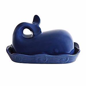 Creative Co-Op Coastal Stoneware Whale Shaped Butter Dish, Navy Blue