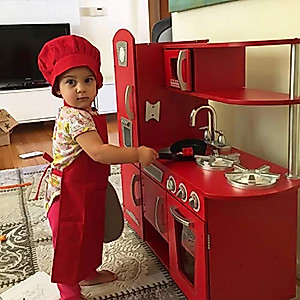 Novelty Place Kid's Apron with Chef Hat Set (3 Set) - Children’s Bib with Pocket Skin-friendly Fabrics - Cooking, Baking, Painting, Training Wear - Kid's Size (6-12 Year, Red)