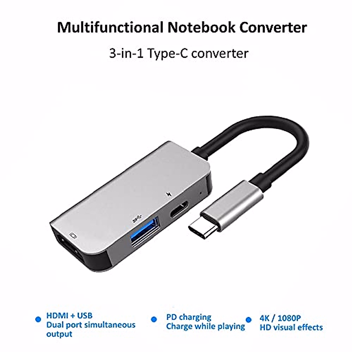 NIZYH USB Type C 3.1 to HDMI-compatible USB 3.0 Dock Hub 3 In 1 USB C Adapter 4K Video PD Charge Converter