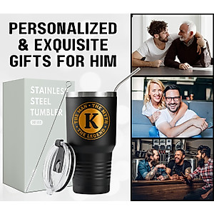 the Man the Myth the Legend Mug with Initials, Monogrammed Stainless Steel Travel Tumbler for Men, Funny Personalized Coffee Cup, Custom Beer Glass, Unique Birthday Christmas Gifts for Him, 30 oz, A