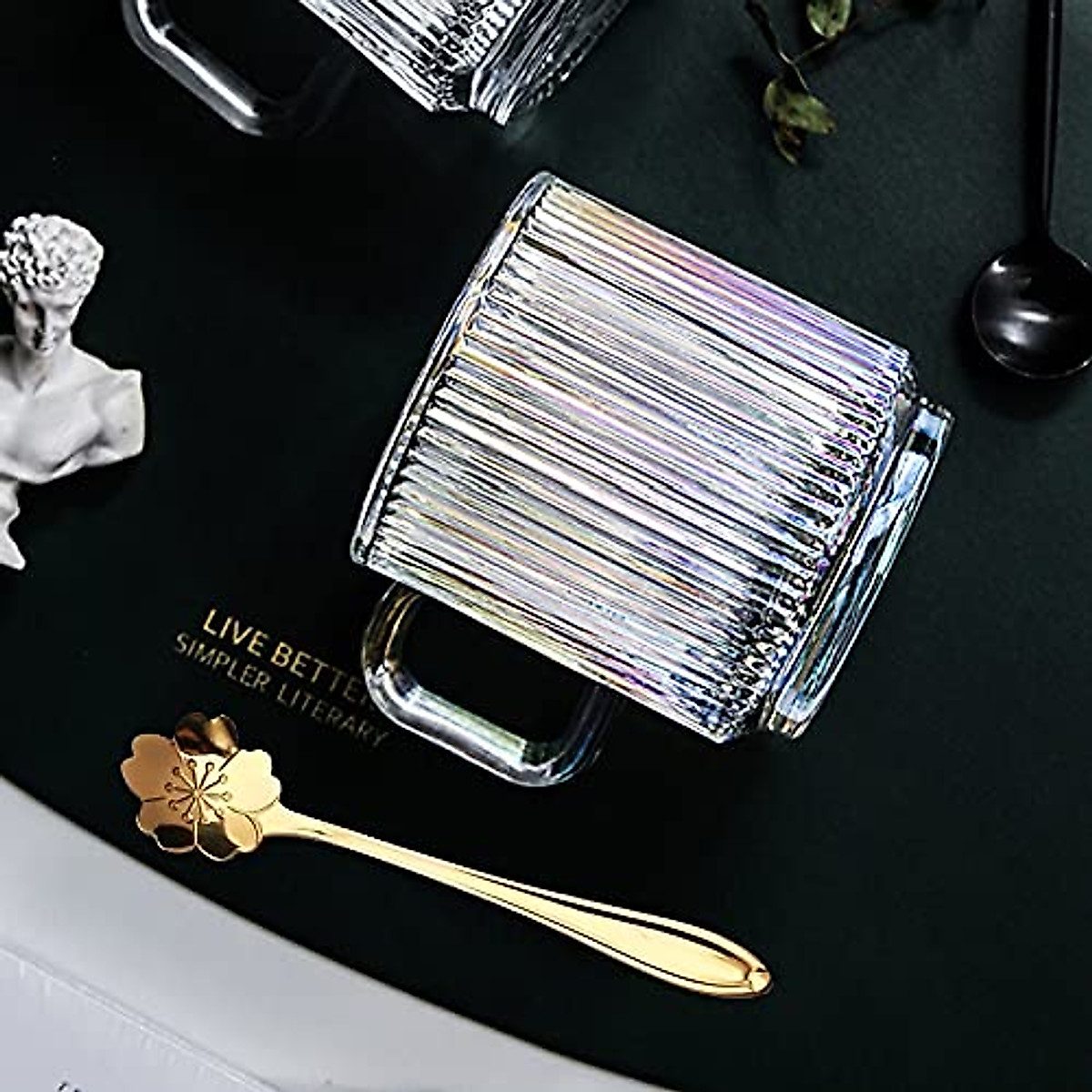 Yalucky Clear Iridescent Coffee Mug with Lid and Sakura Spoon Tea Cups Glass Mugs Pretty Cute Mug for Milk Latte Chocolate Juice Water for Women Men Birthday Christmas (white)