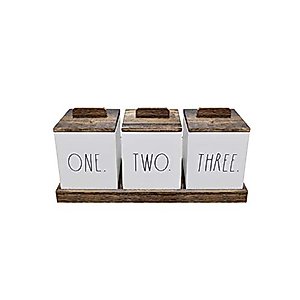 Rae Dunn Bathroom Containers for Organizing - Storage Canister Set of 3 with Lids and Wood Tray - Home Decor, Bathroom Vanity Organizer, Toilet Tank Topper, Makeup and Accessories Holder
