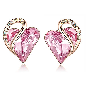 Leafael 18K Rose Gold Plated Love Heart Stud Earrings with Rose Quartz Pink Healing Stone Crystal for Romatic Love, Jewelry Gifts for Women