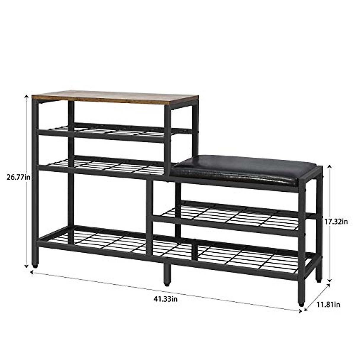 X-cosrack Shoe Rack Bench 5-Tier Shoe Storage with Seat Industrial Entryway Bench Metal Storage Shelves Organizer Entry Bench Shoe Stand for Entryway Hall Brown Black