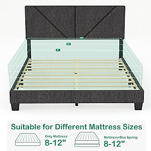 Wakefit Queen Bed Frame with Adjustable Headboard, Linen Upholstered Platform Bed Frame with Wood Slats Support, Mattress Foundation, No Box Spring Needed (Grey Twill)