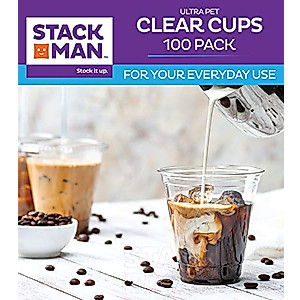 Stack Man [100 Pack - 12 oz.] Clear Disposable Plastic Cups PET Crystal Clear Disposable 12oz Plastic Cups
