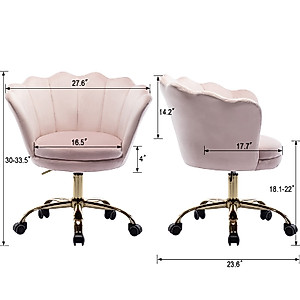 CIMOTA Desk Chair Velvet Cute Adjustable Vanity Chair Modern Home Office Chair Scalloped Task Chair with Wheels for Teens Adults Bedroom/Study/Make Up/Computer Room, Light Pink