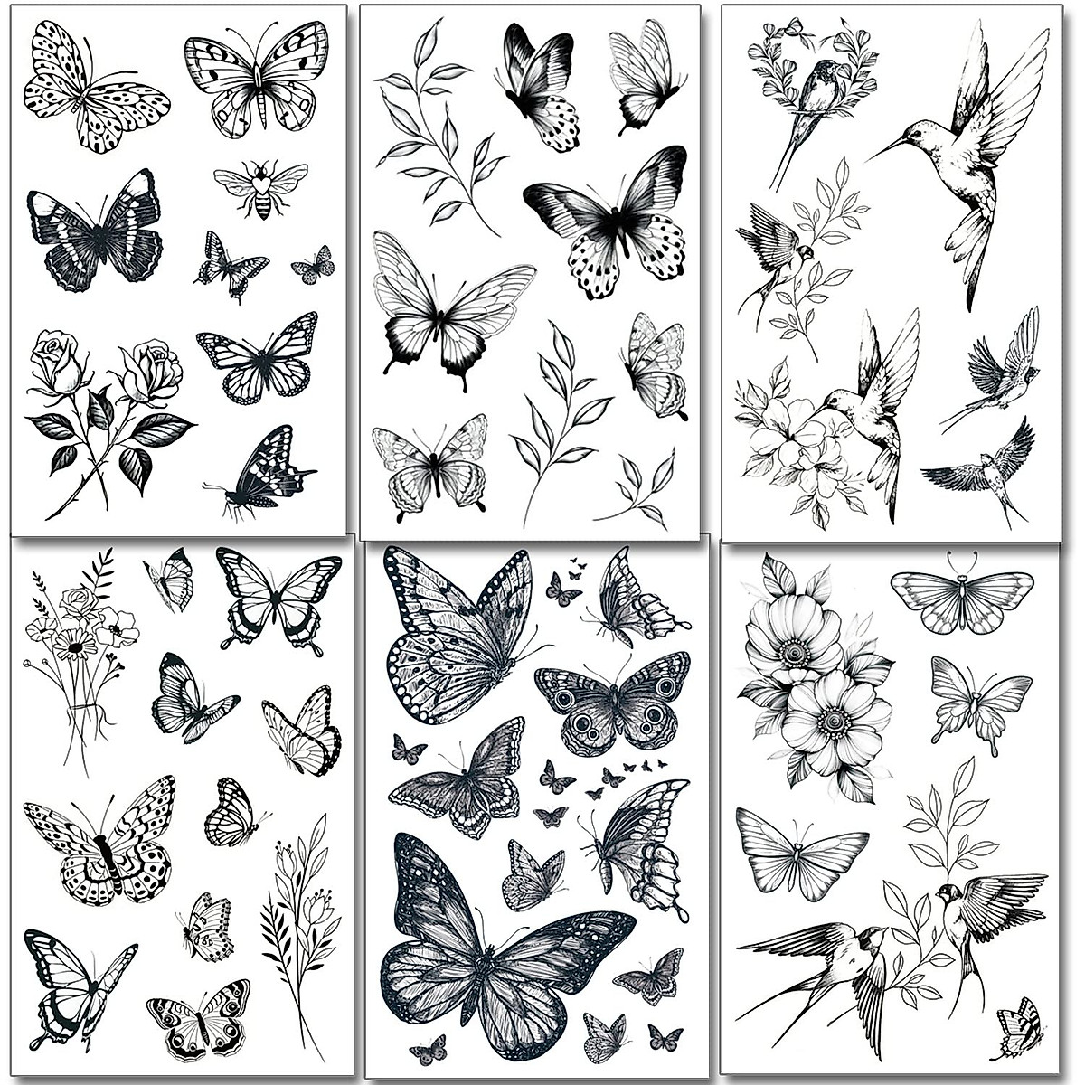 Tazimi 6 sheets large Black Butterfly Temporary Tattoos for Women-flowers butterflies Hummingbird swallow Rose Temporary Tattoos Waterproof Long Lasting Tattoos Stickers Sexy Fake Tattoo for Adults