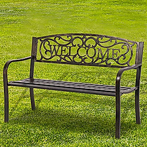 50" Patio Garden Outdoor Bench w/Welcoming Vines Decorative & Armrest Metal Park Bench Antique Bronze Outside Patio Furniture for Front Porch, Backyard, Lawn, Garden, Pool, Dec