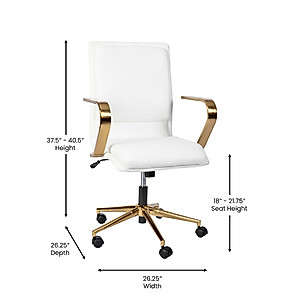 Flash Furniture James Mid-Back Designer Executive Office Chair - White LeatherSoft Upholstery - Brushed Gold Base and Arms - Height Adjustable 360° Swivel Seat