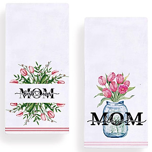 Secarond Blssed Mom Tulip Mason Jar Kitchen Dish Towel 18 x 28 Inch Set of 2, Happy Mother's Day Spring Summer Floral Tea Towels Gift Dish Cloth for Cooking Baking
