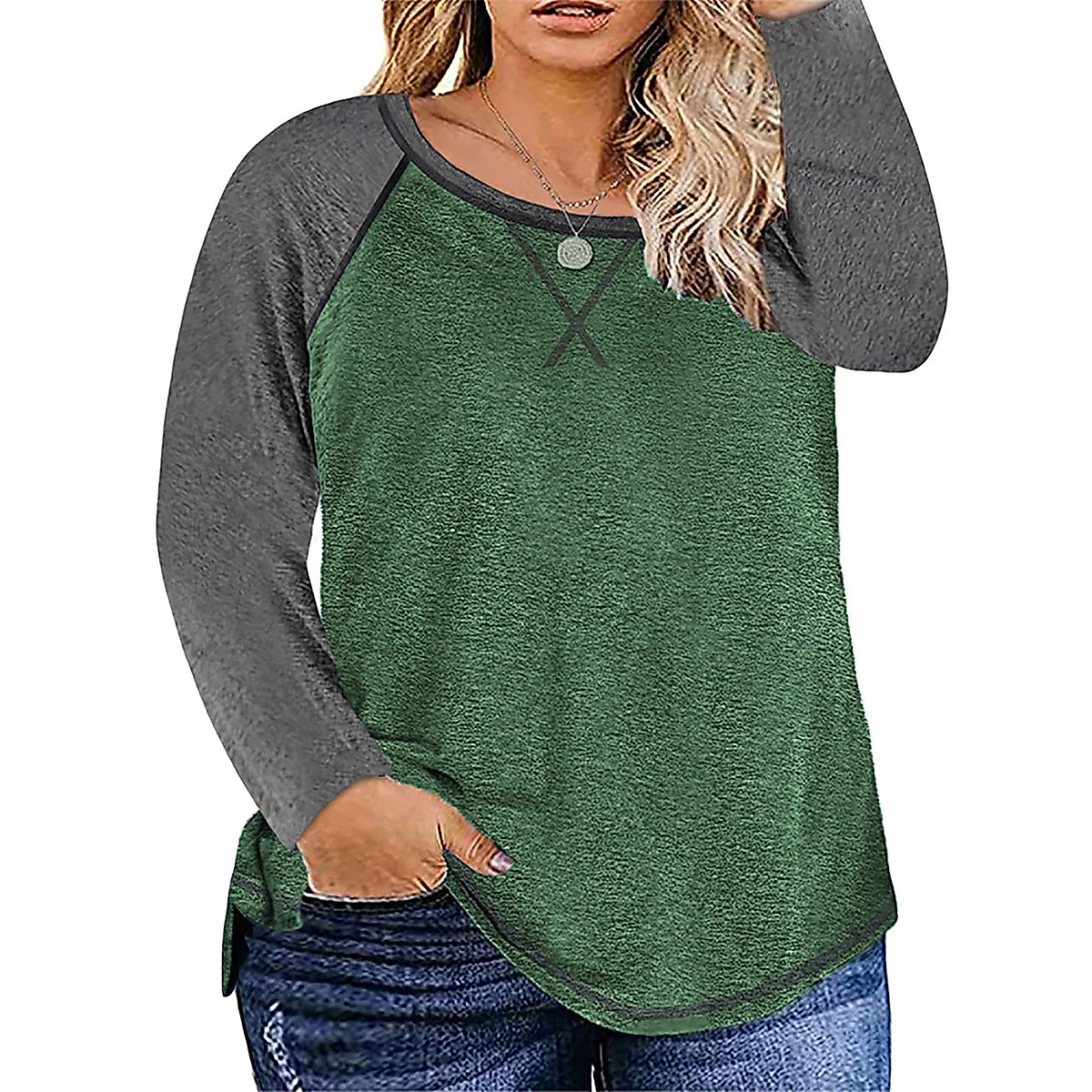 MAYFASEY Women's Plus Size Raglan Long Sleeve Crewneck Sweatshirt Solid Color Shirt Casual Basic Tshirts Loose Baggy Tees Blouse Tunics Green 1X