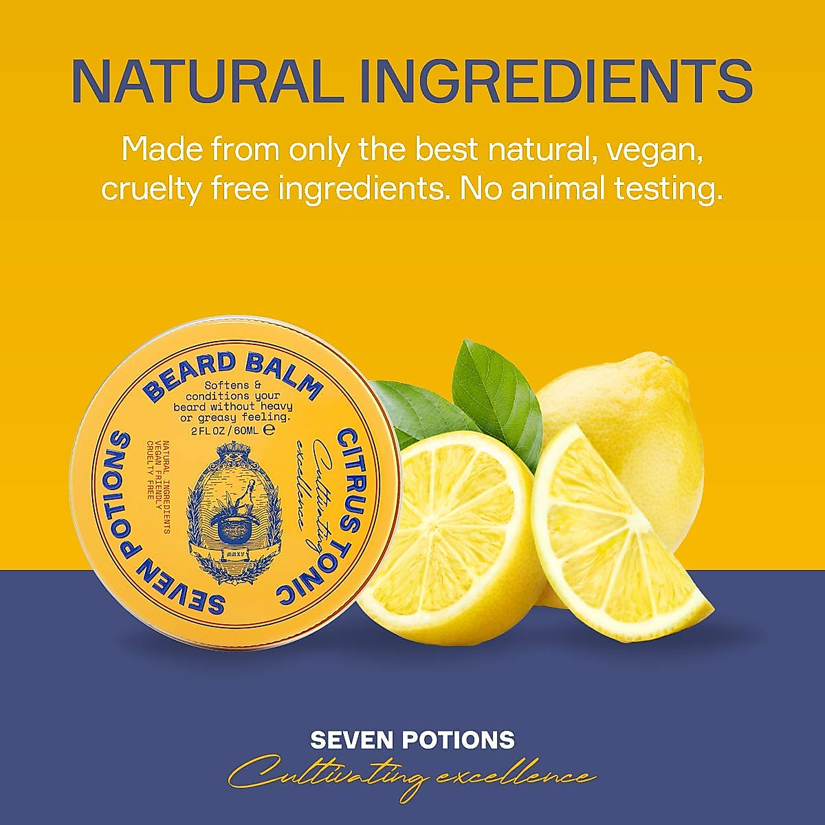 SEVEN POTIONS Beard Balm for Men — Conditioning Beard Softener to Nourish Skin, Facial Hair, and Stop Beard Itch — All-Natural, Vegan, Cruelty Free — Citrus Tonic (2 FL OZ)