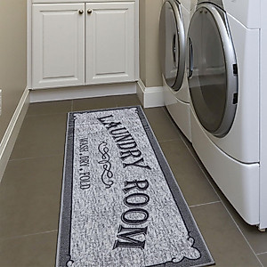 Ottomanson Laundry Collection Non-Slip Rubberback Laundry Text Design 2x5 Laundry Room Runner Rug, 20" x 59", Light Gray