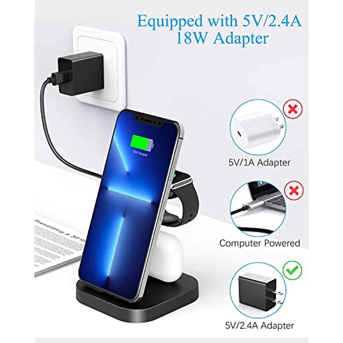 3in1 Charger Station for Apple Products, 18W Fast Apple Charging Station Compatible with iPhone 14/13/12/11/X/8 Series, Apple Watch Ultra/8/SE/7/6/5/4/3/2/1, AirPods Pro/3/2/1, Adapter Cable Included