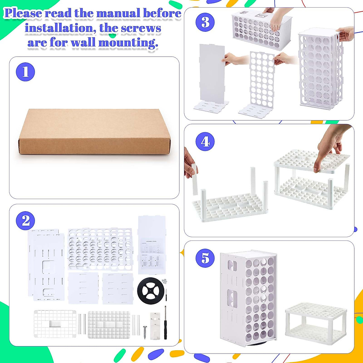 Juexica Acrylic Paint Organizer Craft Paint Storage for 2 oz Craft Paints with Paintbrush Stand Vertical Paint Organizer Holder Wall Mounted Stand Plastic 360 Spinning Paint Storage Tower(72 Holes)