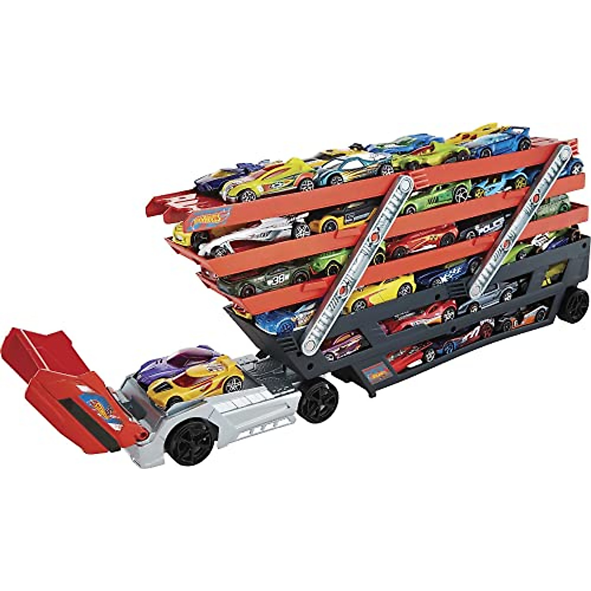 Hot Wheels Playset with Hw MEGA Hauler Toy Truck & 1:64 Scale Car, Stores 50+ Vehicles, Expands to 6 Levels