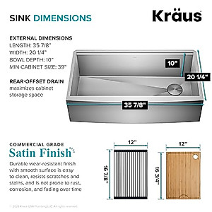 KRAUS Kore Workstation 36-inch Farmhouse Flat Apron Front 16 Gauge Single Bowl Stainless Steel Kitchen Sink with Integrated Ledge and Accessories (Pack of 5), KWF410-36