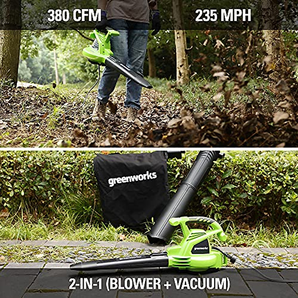 Greenworks 12 Amp 235MPH Variable Speed Corded Blower/Vac includes Metal Repeller, 24072