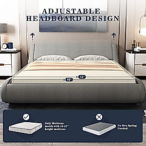 Allewie Queen Size Bed Frame with Curved Adjustable Headboard, 100% Fabric Upholstered Platform Bed, Strong Wooden Slats Support, 10-12'' Mattress Recommended, Grey
