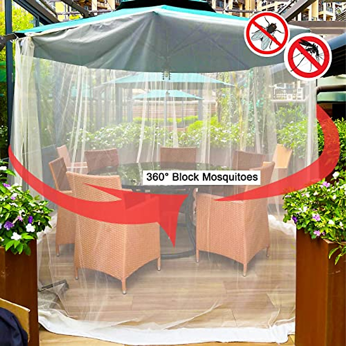 7.5-11 FT Beige Patio Umbrella Mosquito Net, Polyester Mesh Umbrella Screen, Universal Canopy Umbrella Mosquito Netting with Zipper Door and Adjustable Rope, Fits Outdoor Umbrellas and Patio Tables