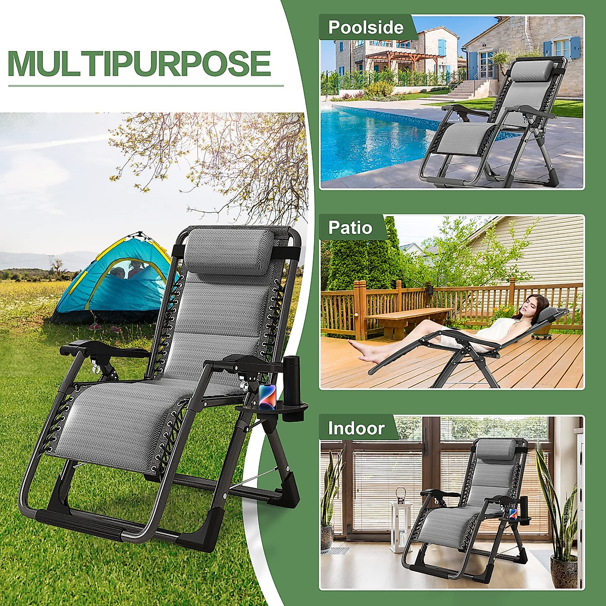 Barbella Zero Gravity Chair Reclining Lounge Chair Patio Chairs, Adjustable Lawn Recliner Folding Lounge Recliners with Removable Cushion, Headrest & Cup Holder, Ice Touch Silk Reclining Chair