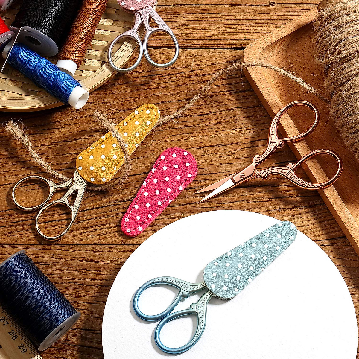 4 Pieces Embroidery Scissors Sewing Stork Scissors and 4 Pieces Leather Scissor Sheath Little Stainless Steel Sharp Scissors for Sewing Crafting Threading Needlework DIY Tools