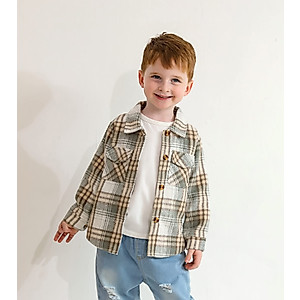 YOUNGER TREE Toddler Baby Boys Girls Jacket Plaid Flannel Long Sleeve Button Down Shacket Kids Boy Coat Fall Winter Top(Grey/Green,3-4T)