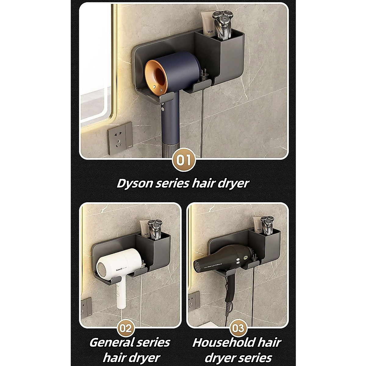 ZCYJHOT Hair Dryer Holder Wall Mounted, Self Adhesive Hair Dryer organizer Wall Mount, Blow Dryer Holder for Dyson Supersonic, Hair Dryer Stand for Bathroom