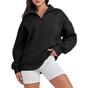ANRABESS Womens Hoodies Oversized Half Zip Pullover Long Sleeve Sweatshirts Comfy Fleece Quarter Zip Trendy Cropped Outfits Teen Girls Fall Y2K Tops Basic Clothes 1018heise-L Black