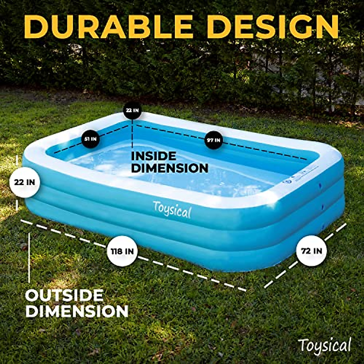 Toysical Inflatable Pool for Kids and Adults with Pump - 118 x 72 x 22 - More Durable Than Other Blow up Pools for Adults - Includes Patches