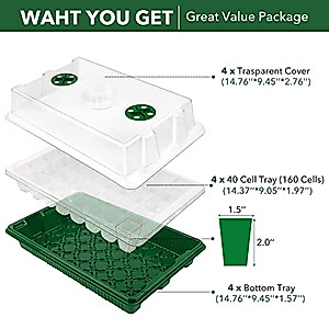 YAUNGEL Seed Starting Trays, XL Thicken Seed Starter Tray Kit with Humidity Dome Durable Growing Trays for Greenhouse & Gardens, 4 Pack 160 Cells, Green