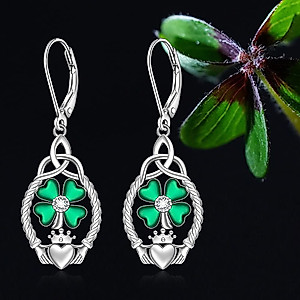 St Patricks Day Earrings Shamrock Earrings for Women Four Leaf Clover Sterling Silver Irish Celtic Claddagh Green Shamrock Dangle Lucky Jewelry Gifts