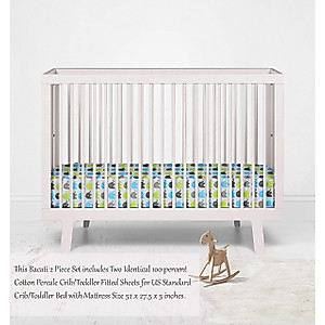 Bacati - Elephant Aqua, Lime, Grey 100% Cotton Percale 2 Pack Baby Crib & Toddler Bed Fitted Sheets