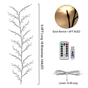 H-Wniniai Vines for Bedroom Birch Fall Garland, 6FT 18 Branches 144LED, 8 Modes Artificial Plants Lighted Willow Vine with Remote Control, Wall Decor for Room Decor, Wall Lights