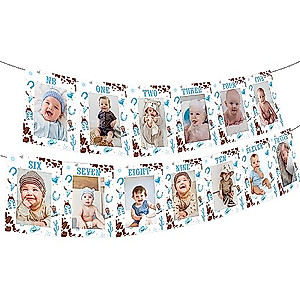 1st Birthday Monthly Photo Banner Cowboy First Rodeo Birthday Party Decorations Boy Blue Western Cowboy Monthly Milestone Photo Display My First Rodeo Newborn to 12