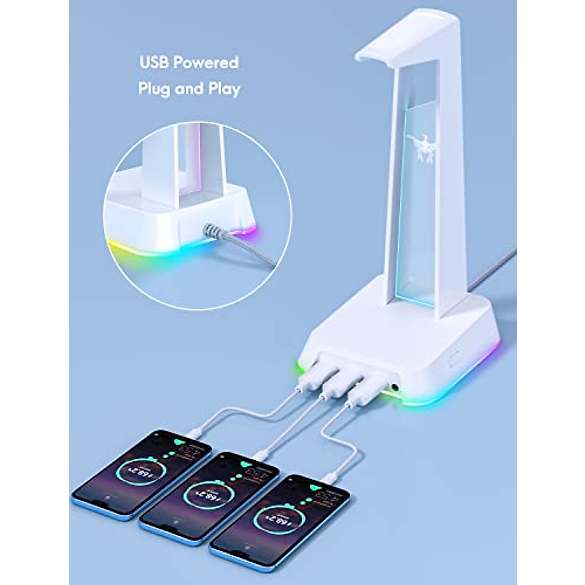 PHNIXGAM RGB Headphone Stand with 3.5mm AUX and 3 Port USB 2.0 Hub, Universal Gaming Headset Hanger Holder for Computer Gaming Gamer Accessories (White)