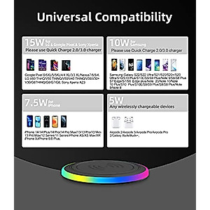 Wireless Charger Pad, 15W Max Fast RGB Wireless Charging Pad Compatible iPhone 14/14 Plus/14 Pro/14 Pro Max/13/13 Mini/SE 2022/12/11/X/8,Samsung Galaxy S22/S21/S20,AirPods 3 2 Pro(No AC Adapter) Black