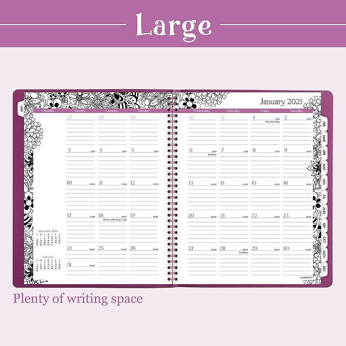2021 Weekly & Monthly Planner by Cambridge, 8-1/2" x 11", Large, Premium, FloraDoodle, Black/White (589-905-21)