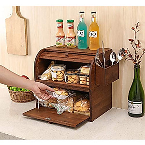 TQVAI Bamboo Bread Box for Kitchen Counter Dobule Layer Roll Top Bread Storage Container with Silverware Basket - Can Use as 2 Individual Bread Bin - Assembly Required, Retro Brown