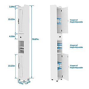 Bathroom Cabinet with Adjustable Shelf, Storage Cabinet for Small Space, Tall Bathroom Storage Cabinet with Retractable Toilet Paper Rod, Narrow Cabinet with 2 Doors, 8 Storage Compartments (White)