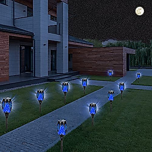 AOUNQ Solar Lights Outdoor Waterproof Blue, Upgraded 4 Pack Solar Torch Lights with Flickering Flame, Mini Solar Outdoor Garden Lights Tiki Torches for Outside Patio Yard Pathway Christmas Decor