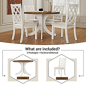 LIADTOP Modern, Mid-Century Solid Wood 5-Piece Set, 42'' Round Dining Table with 4 Upholstered Chairs for Small Places,Walnut+Beige