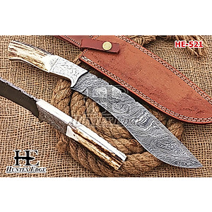 HUNTEX Handmade Hand-Forged Twist Pattern Damascus Steel 14 Inch Long Full Tang Deer Antler Handle Razor Sharp Hunting Camping Bowie Knife w/Genuine Leather Sheath