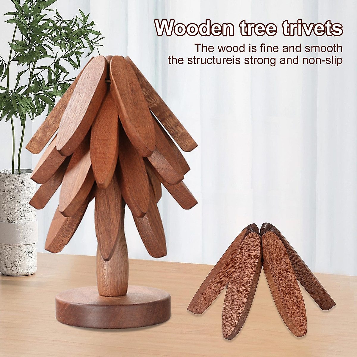 Wooden Trivets for Hot Dishes, Tree Shape Trivets Set, 4 Wooden Trivets + 1 Stand Stored Like a Christmas Tree, Sapele Wood Trivets for Hot Pots, Pans, Bowl, teapot