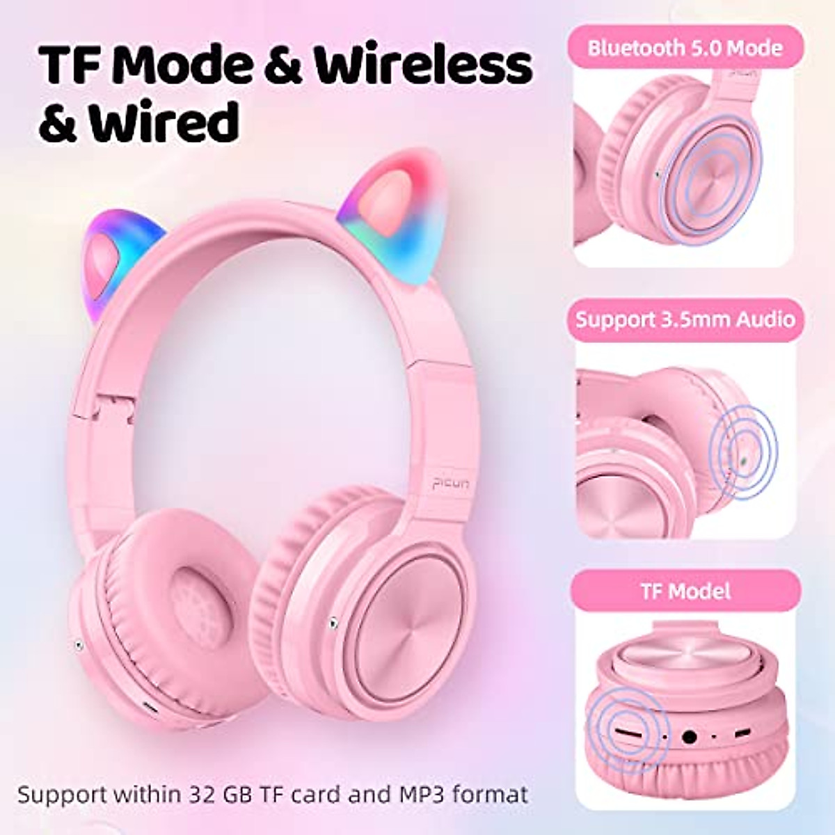 Picun Cat Ear Bluetooth Headphones 40 Hours Playtime with Romantic LED Light Up, Over Ear Girls Wireless Headphones with HD Mic, Foldable, Soft Memory Earmuff, for PC/Tablet/School Kids Adults - Pink